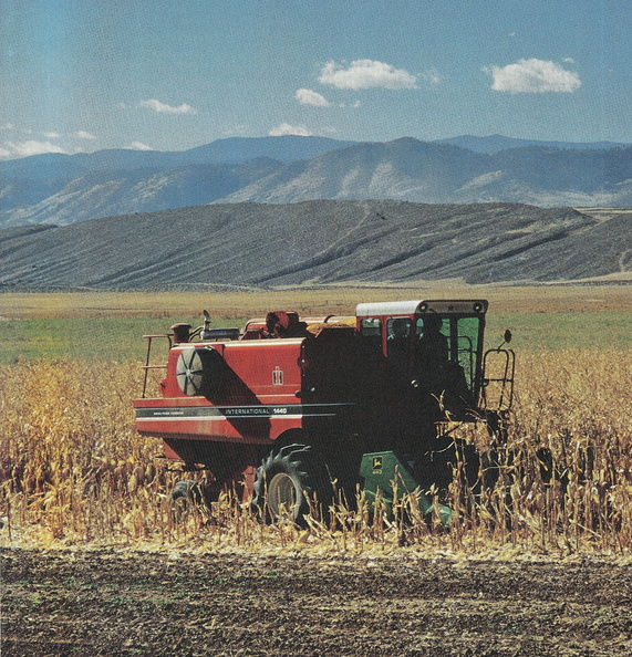 The International Harvester combine, Model 1440 with a John Deere Corn Head machine ...